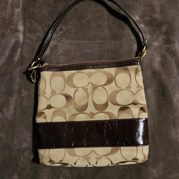 Coach | Bags | Coach Bag Brown Canvas With Brown Leather Stripe No ...